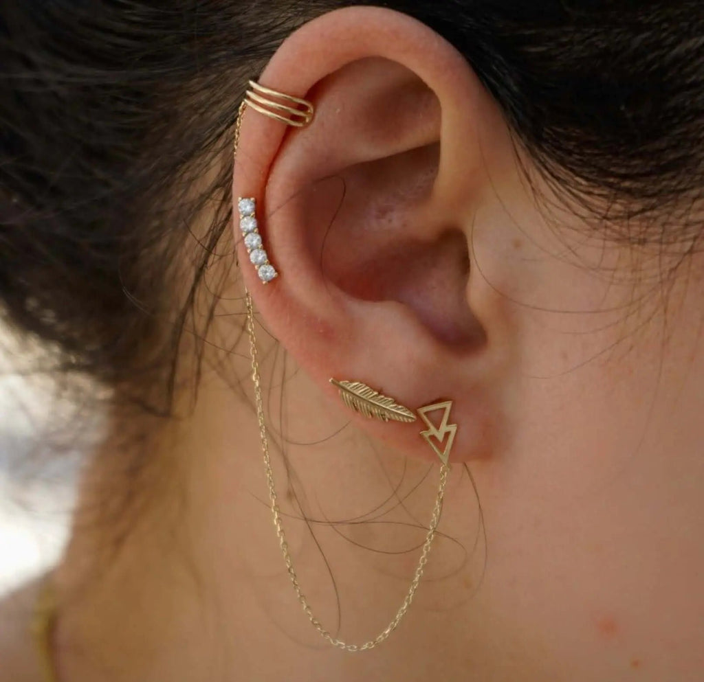 18k Yellow Gold Open Ear Cuff and triangles Chained Post Earrings ...