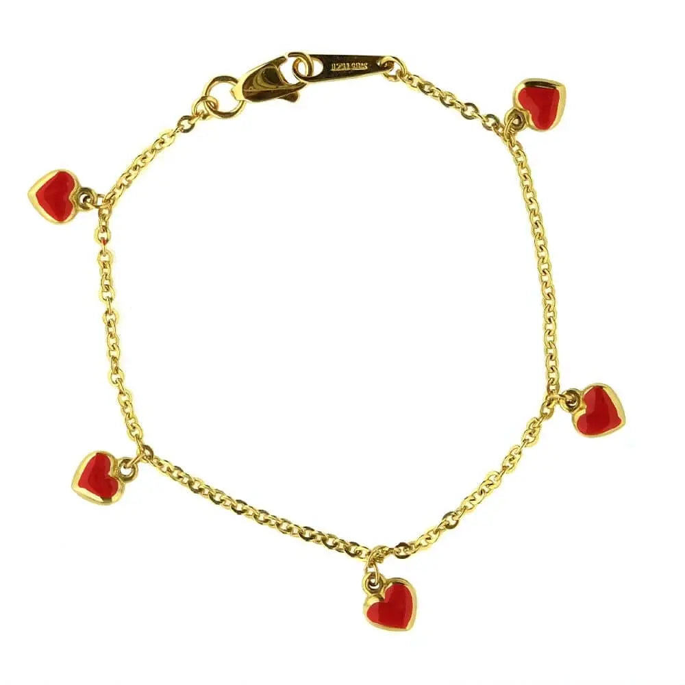 18K Solid Yellow Gold Red Enamel Heart Charm Bracelet 6 inch – Amalia J ...